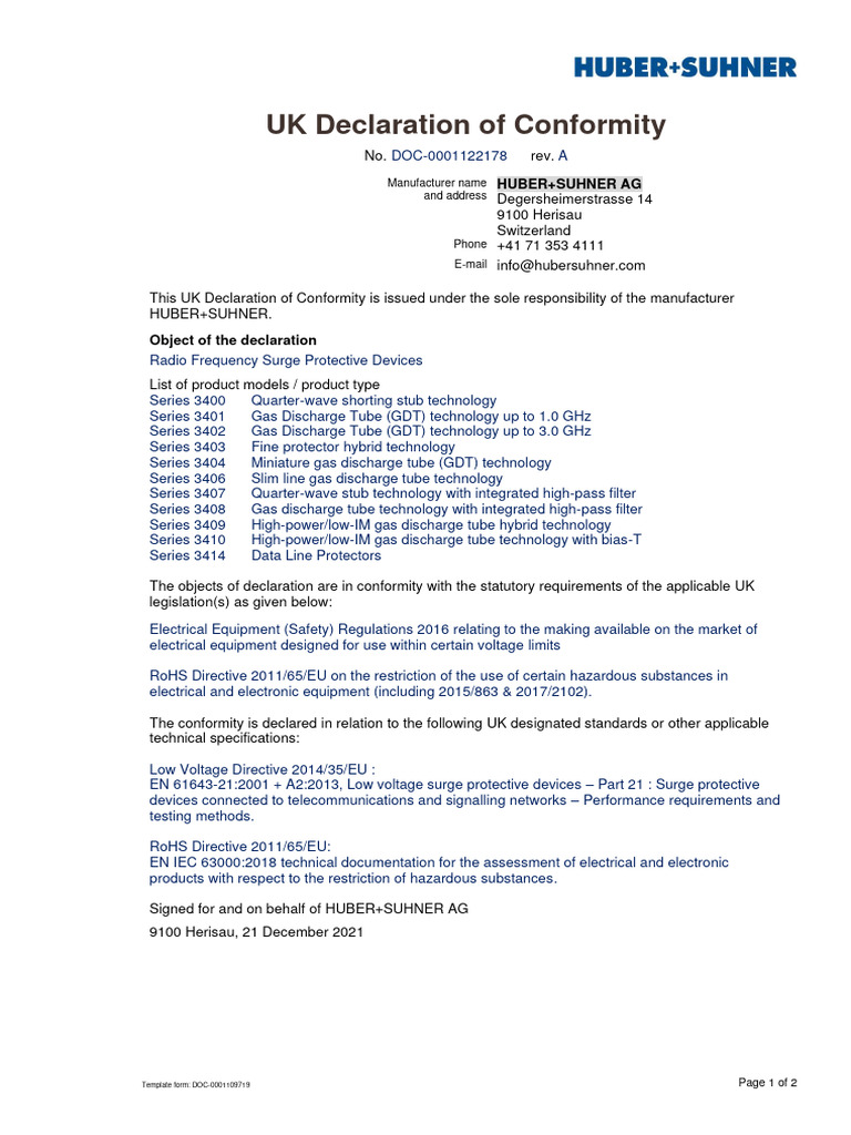 HUBER+SUHNER UK Declaration of Conformity RF Surge Protective Devices ...