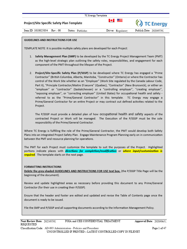 TC Energy Project Safety Plan Template | PDF | Occupational Safety And ...