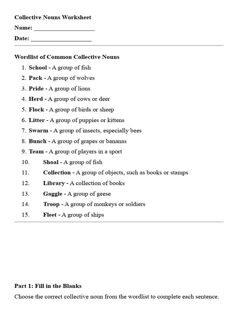 Collective Nouns Worksheet | PDF | Language Arts & Discipline