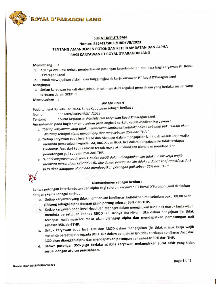 889 SKEP Amandemen Potongan Keterlambatan Dan Alpha | PDF