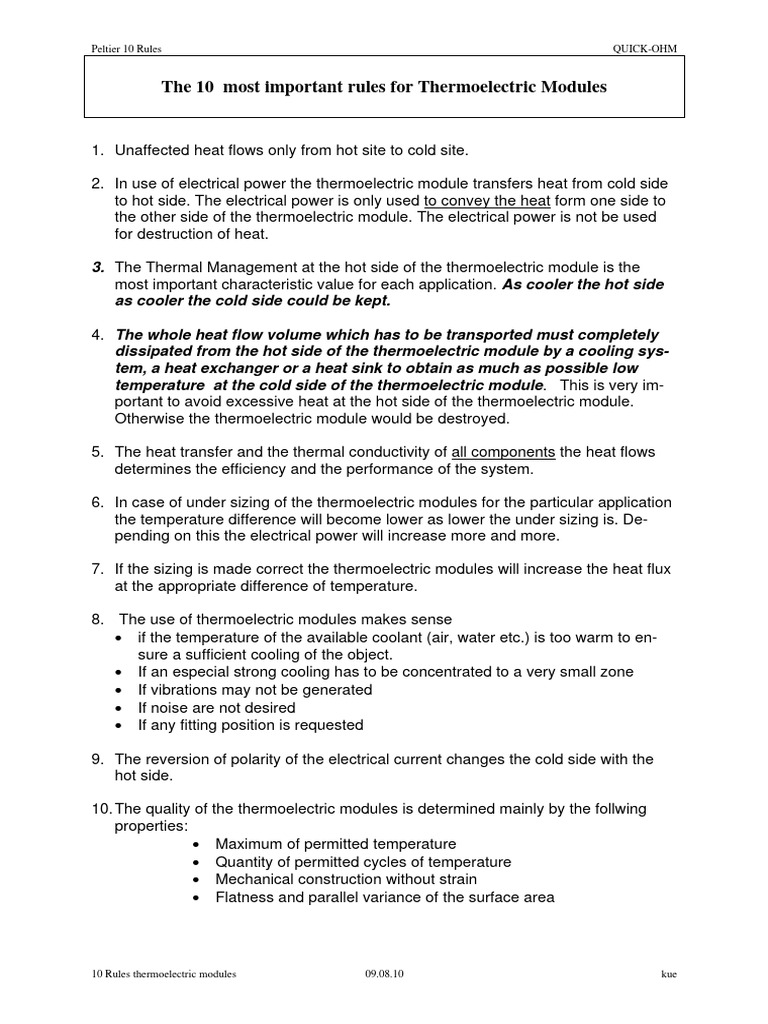 10 Rules Thermoelectric Modules | PDF | Heat | Heat Transfer