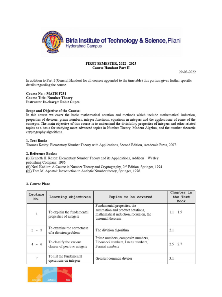 MATH F231 - Handout | PDF | Prime Number | Number Theory
