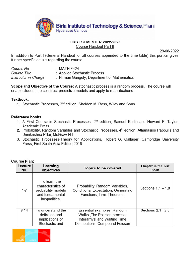 Math F424 2022 23 Pdf Stochastic Process Measure Theory