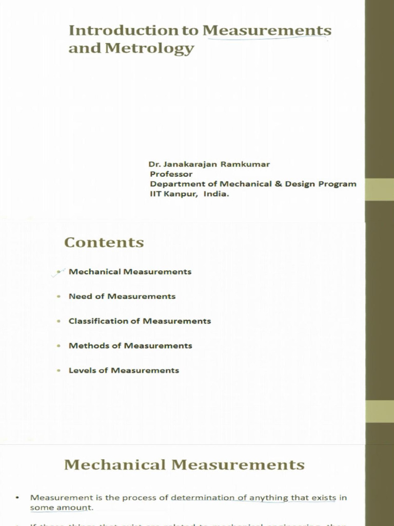 Lecture 1, Introduction To Measurements and Metrology - DR Janakarajan Ramkumar | PDF