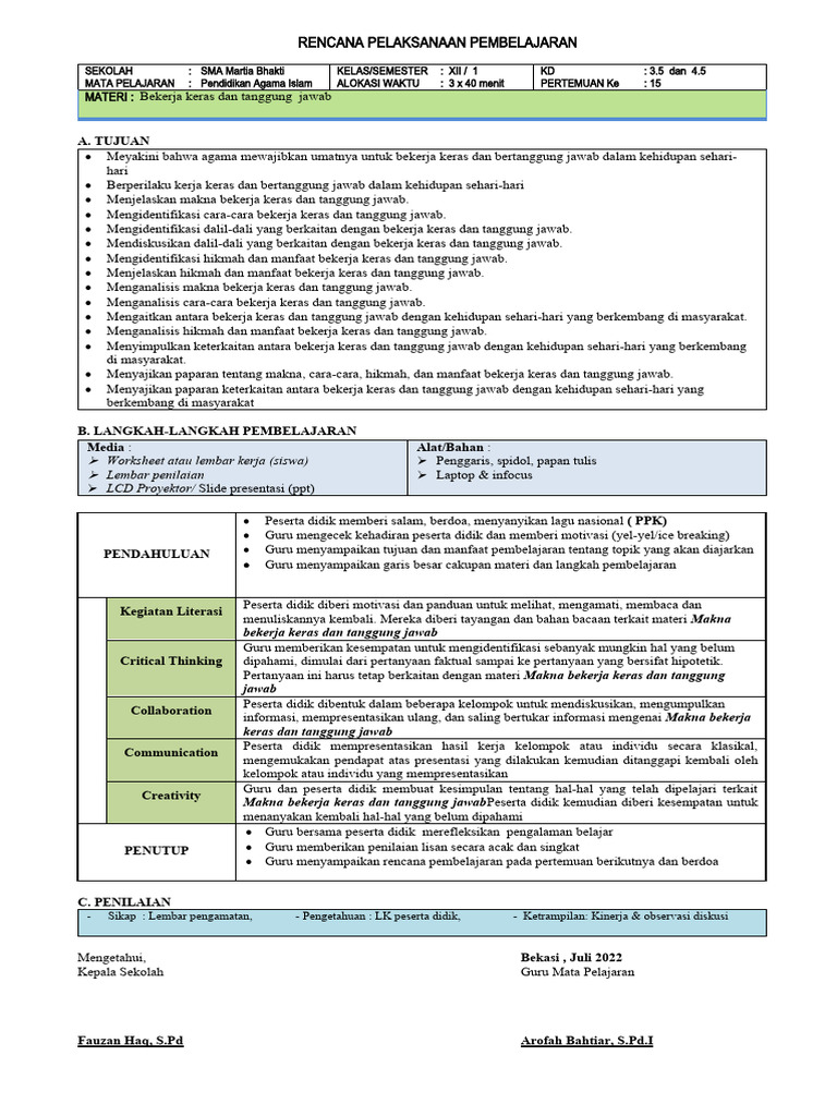 RPP 1 Lembar PAI Kelas XII KD 3.5 - 4.5 | PDF | Karier & Perkembangan | Kesehatan Holistik