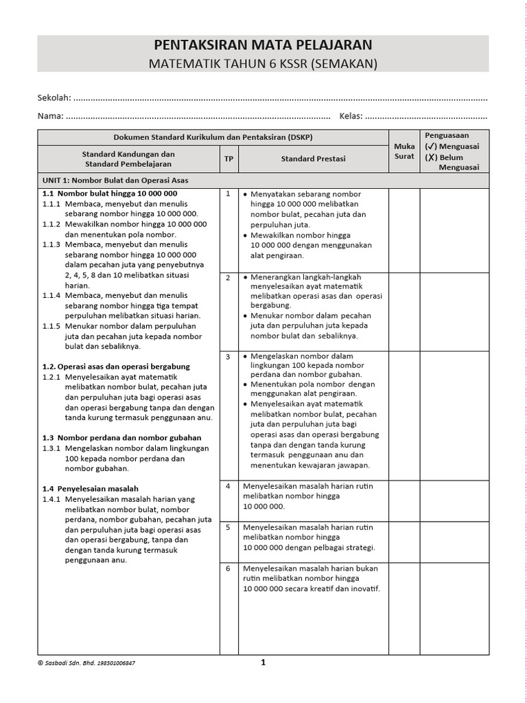 Jadual Pentaksiran THN 6 | PDF