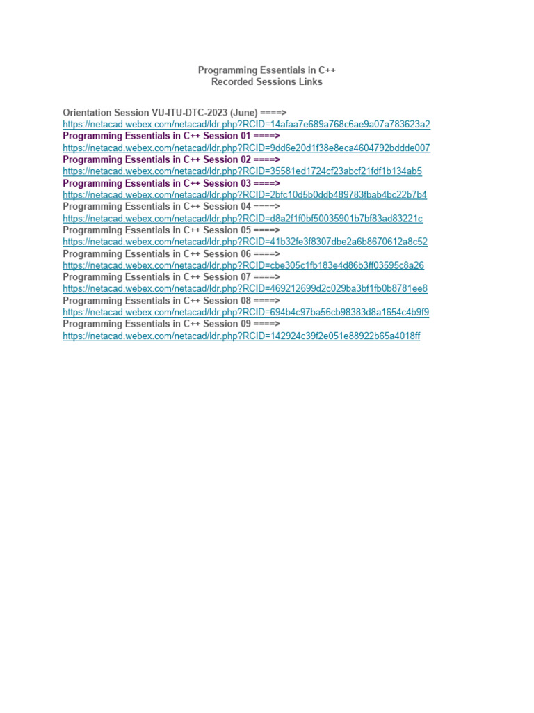 C++ Programming Recorded Sessions Links | PDF