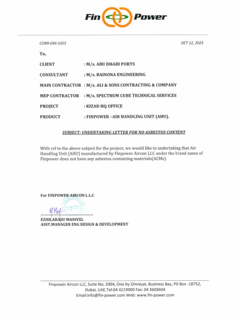Corr-036-1023-Ras, (Letter of Conformity On No Asbestos) - Kizad | PDF