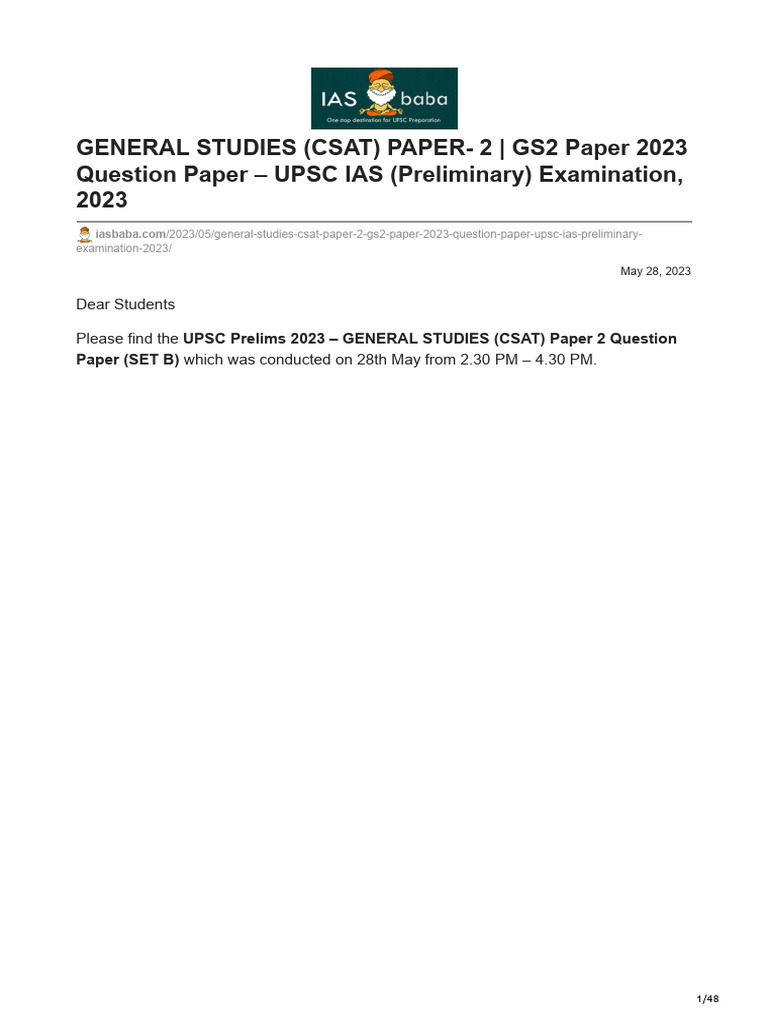 GENERAL STUDIES CSAT PAPER - 2 GS2 Paper 2023 Question Paper UPSC IAS ...