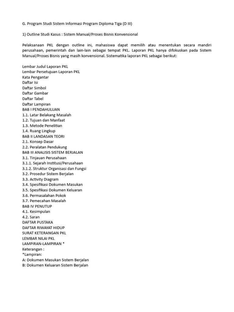 Outline Laporan PKL Sistem Informasi D3 | PDF | Komputer | Teknologi & Rekayasa