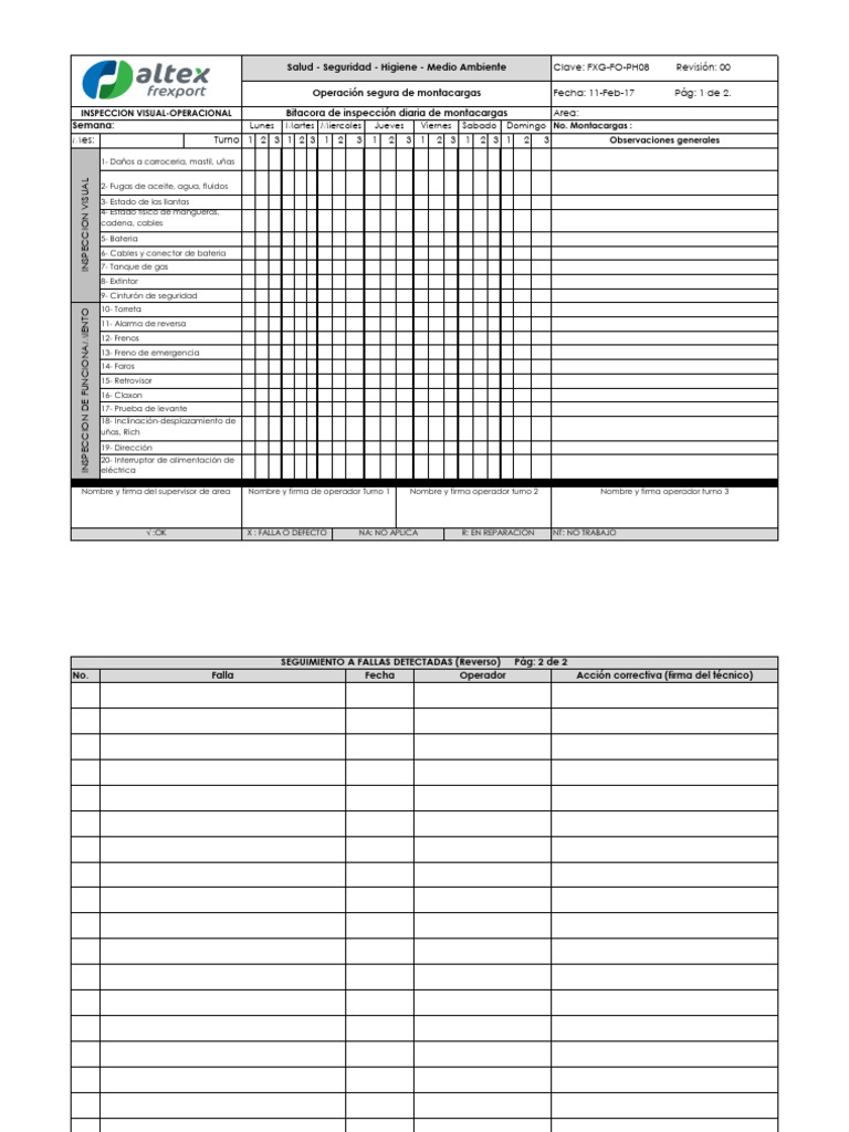 Bitacora de Inspeccion Diaria Montacargas | PDF Bitacora de Inspeccion Diaria Montacargas | PDF