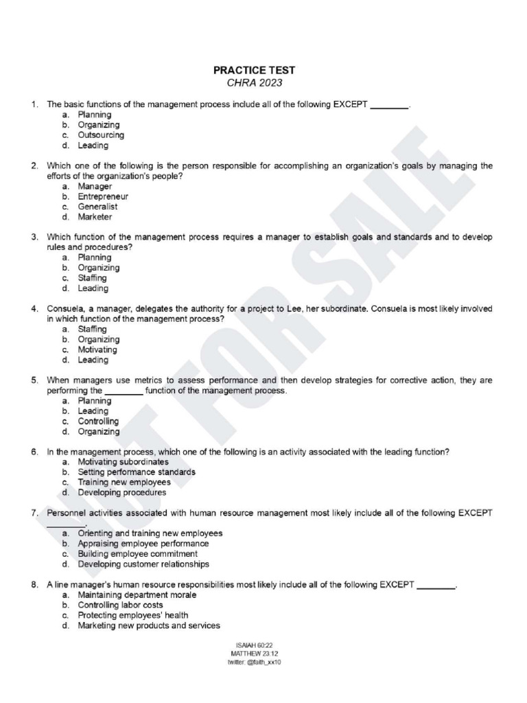 CHRA 2023 - Practice Test | PDF