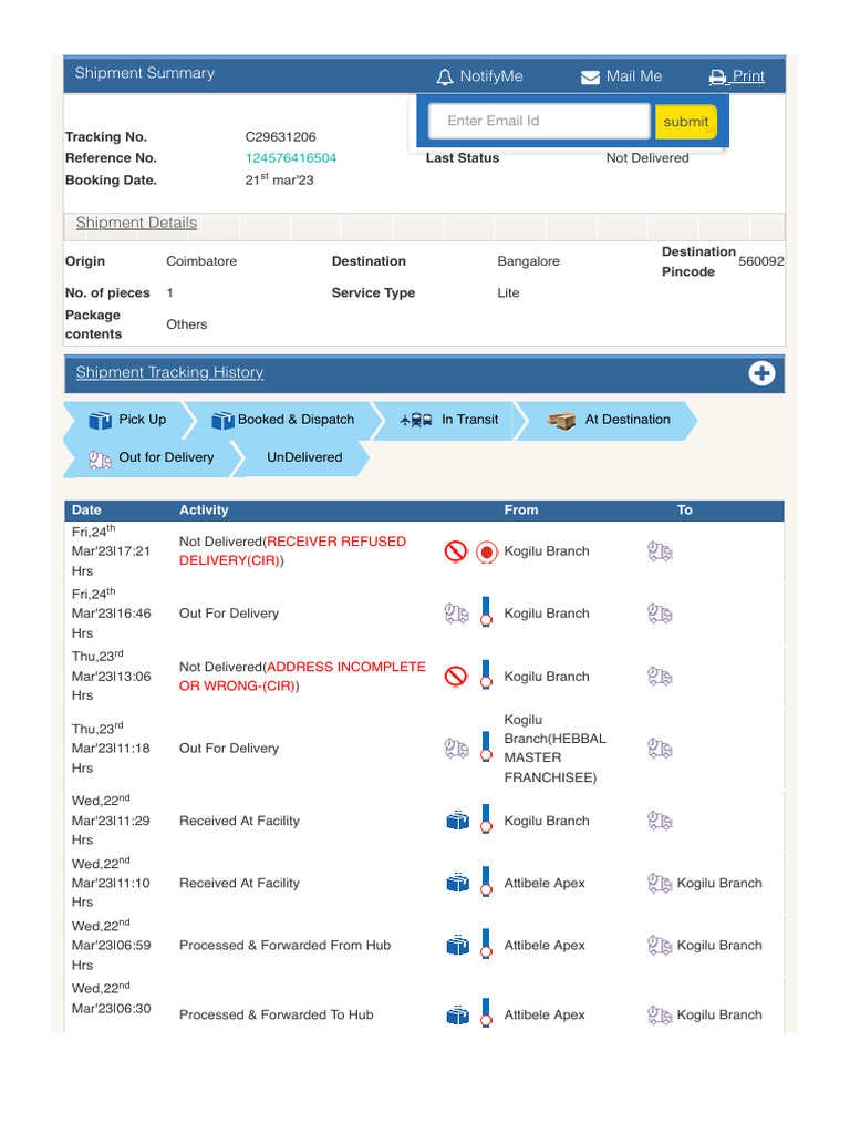 DTDC Tracking History for Bangalore Shipment | PDF | Freight Transport ...
