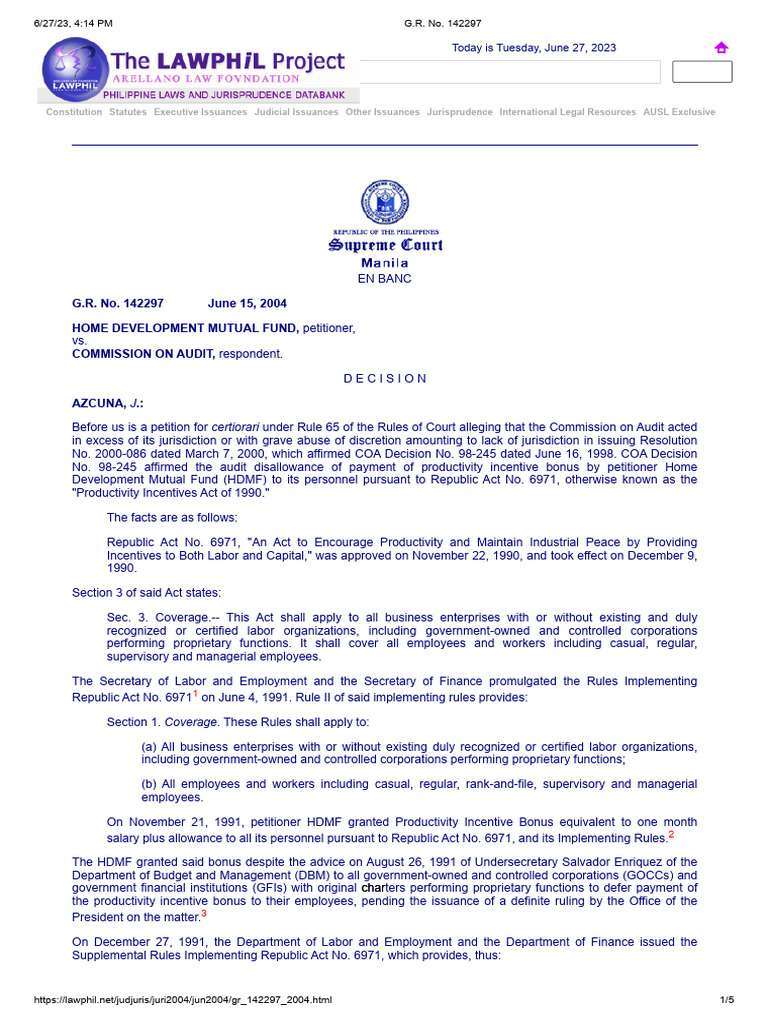 G.R. No. 142297 HDMF Vs COA | PDF | Strike Action | Collective Bargaining