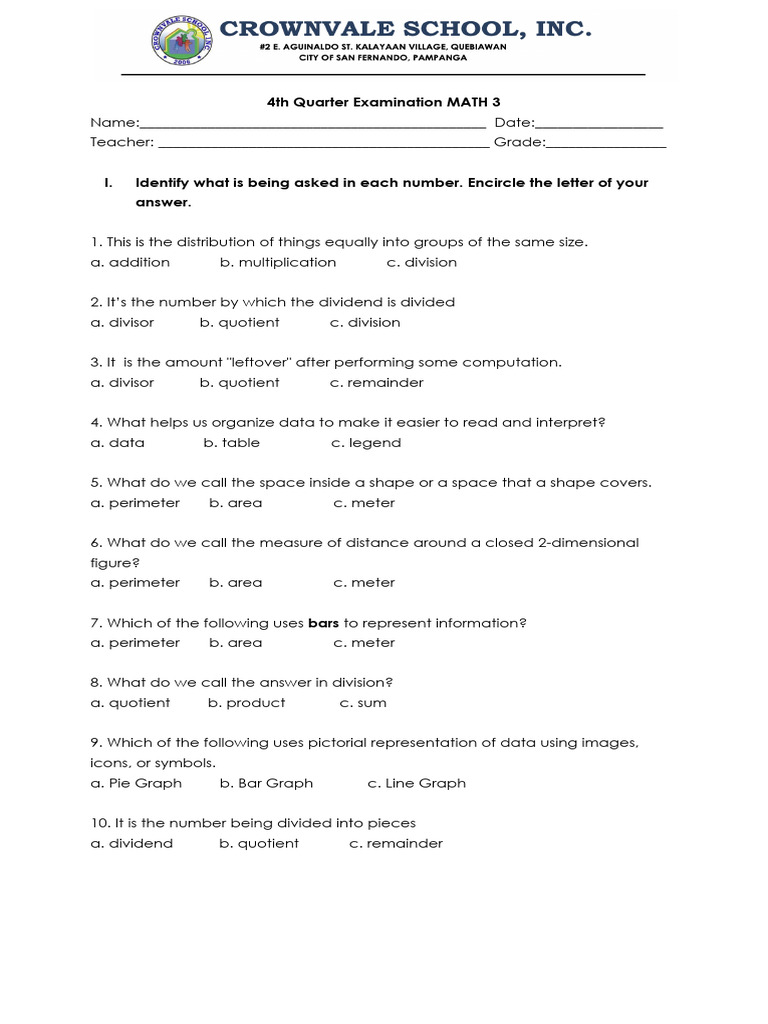 4th Quarter Examination MATH 3 | PDF | Area | Division (Mathematics)