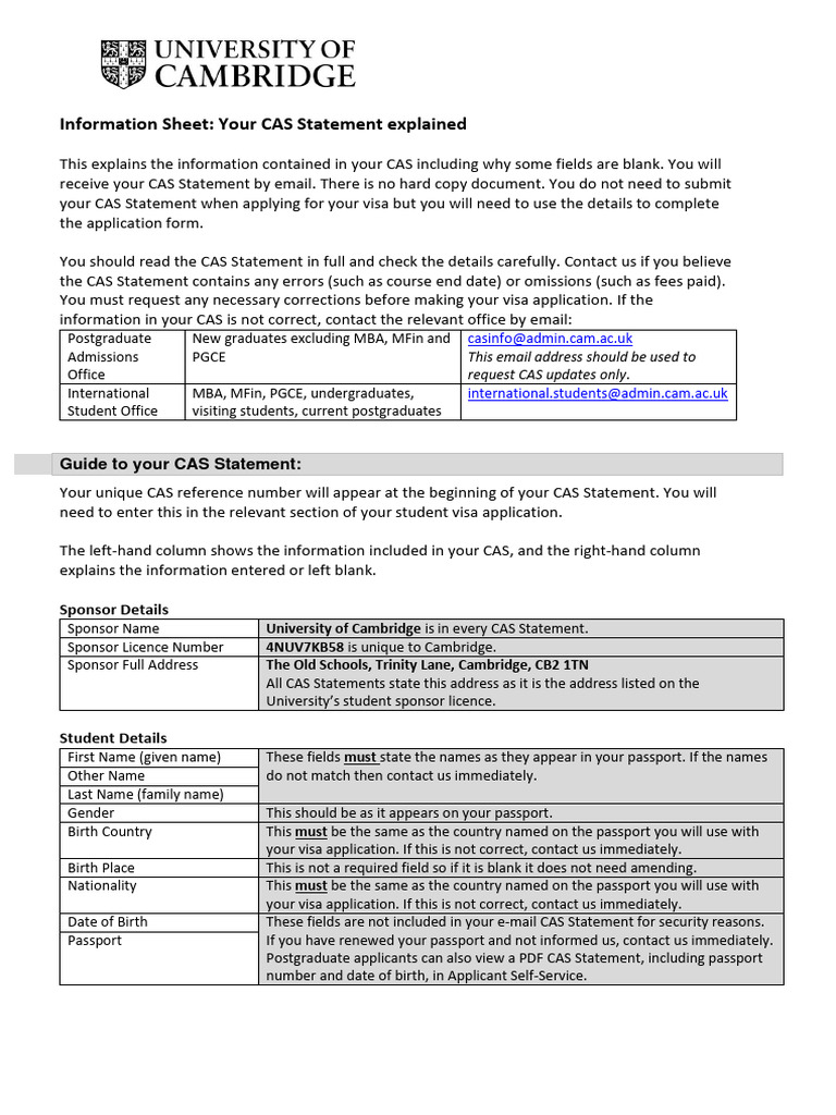 Your Cas Statement Explained | PDF | Fee | Travel Visa
