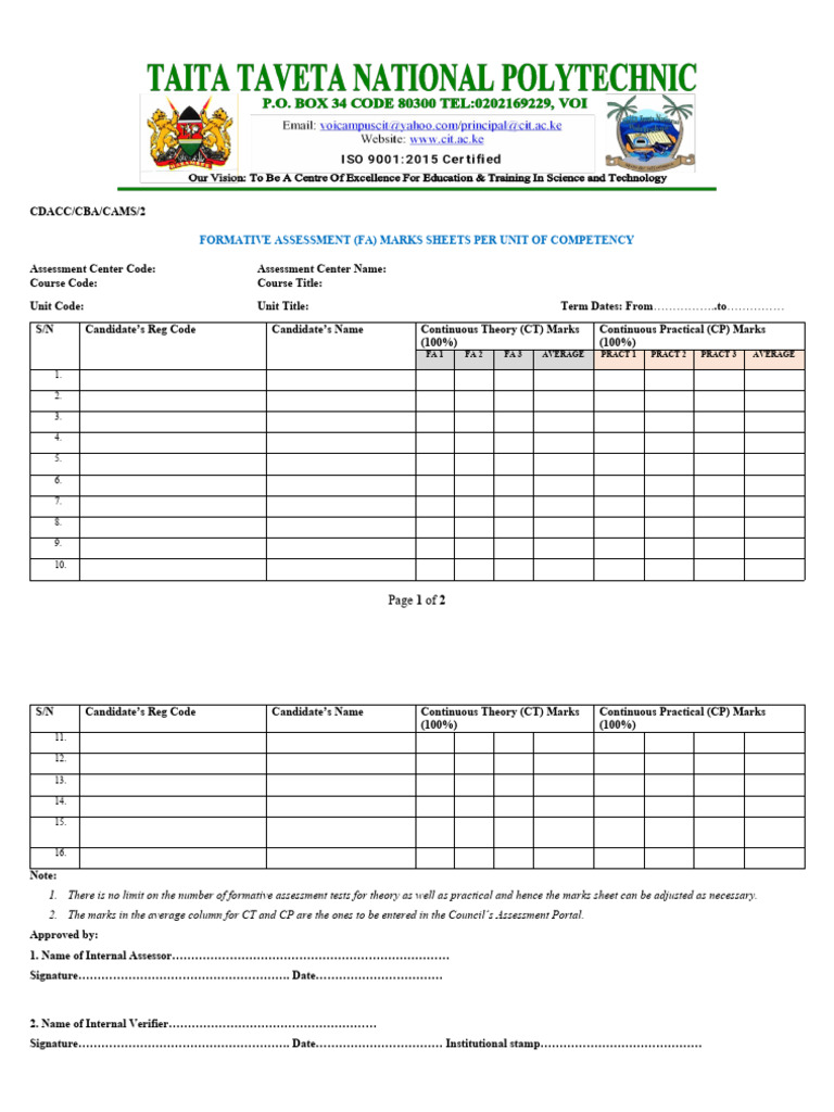 Formative Assessment Marks Sheet_ACPL3 | PDF