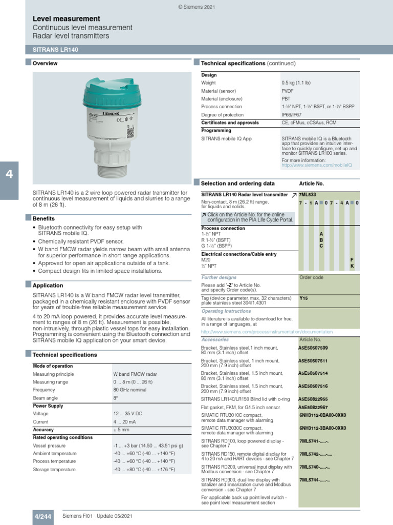 Sitransl lr140 Fi01 en | PDF | Radar | Manufactured Goods