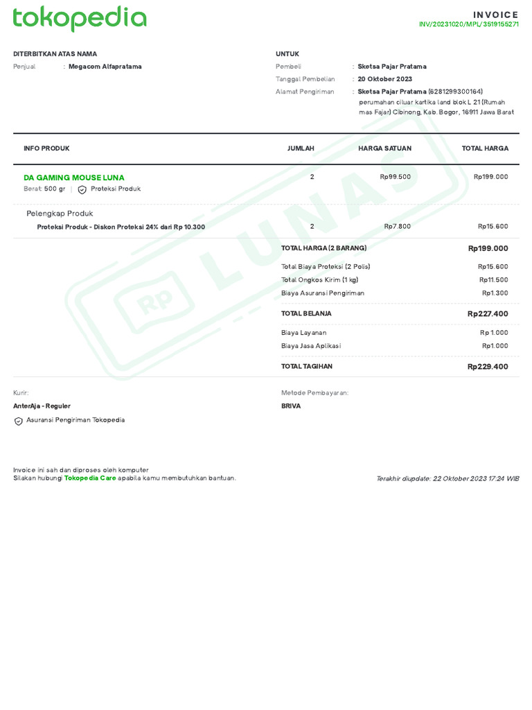 Invoice Pembelian Gaming Mouse Luna | PDF