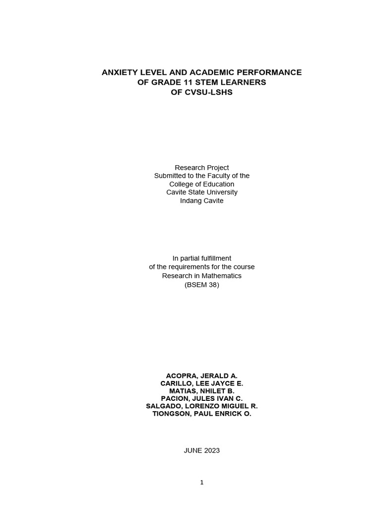 Anxiety Level and Academic Performance of Grade 11 Learners of CvSU ...