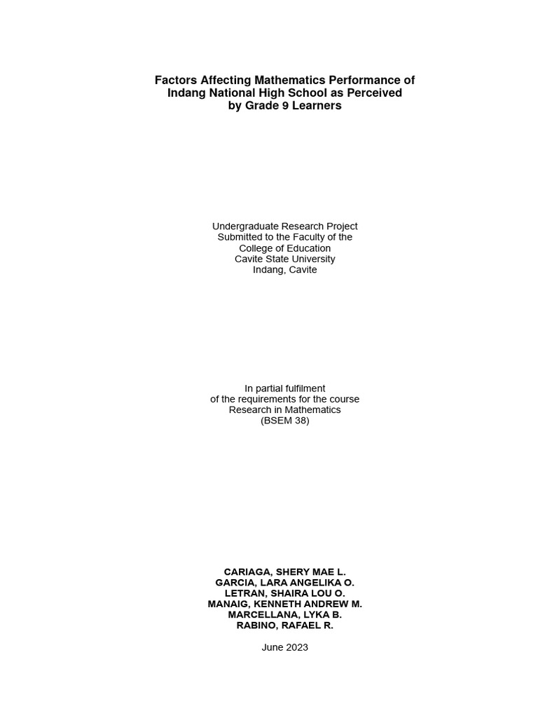 Factors Affecting Mathematics Performance of Indang National High School Perceived by Grade 9 ...