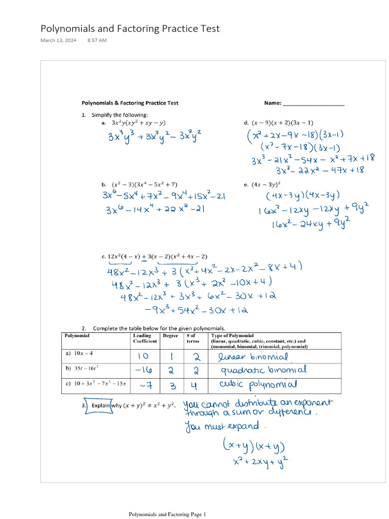 Polynomials and Factoring Test | PDF