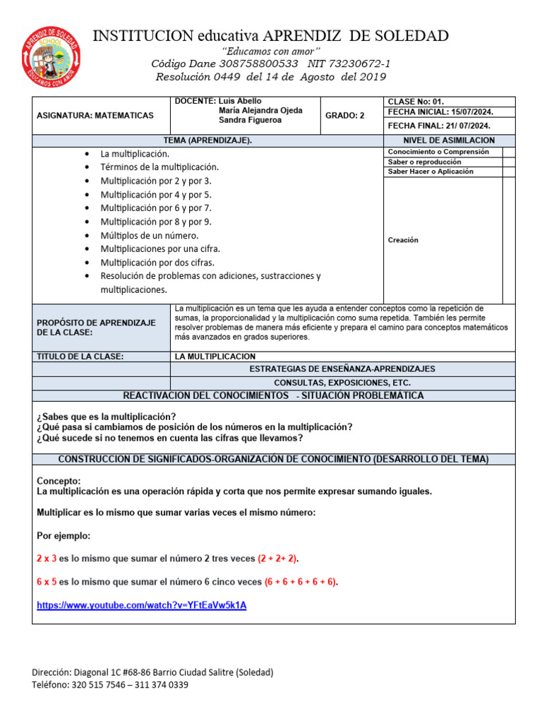 Planeacion De Matematicas Segundo Periodo 3 Pdf Multiplicación
