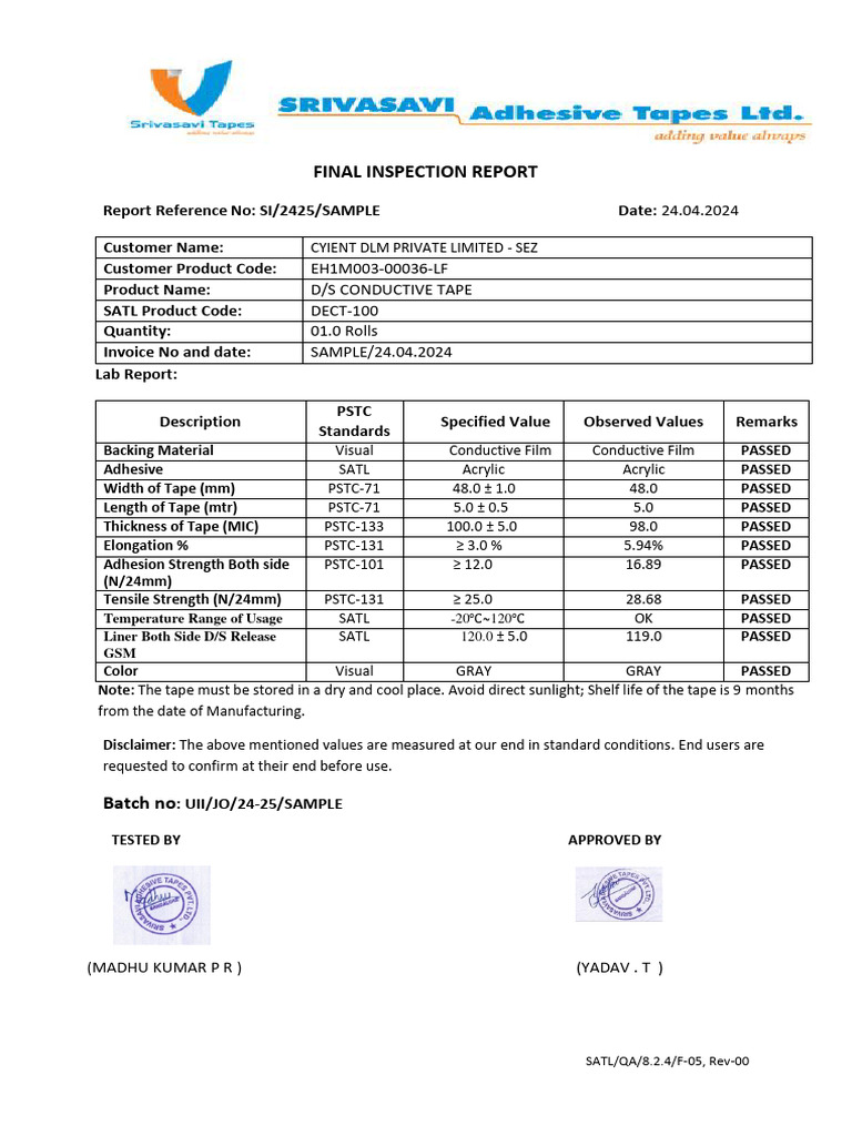Final Inspection Report for DECT-100 Tape | PDF | Materials