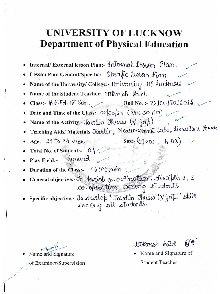 Javelin Throw Lesson Plan | PDF