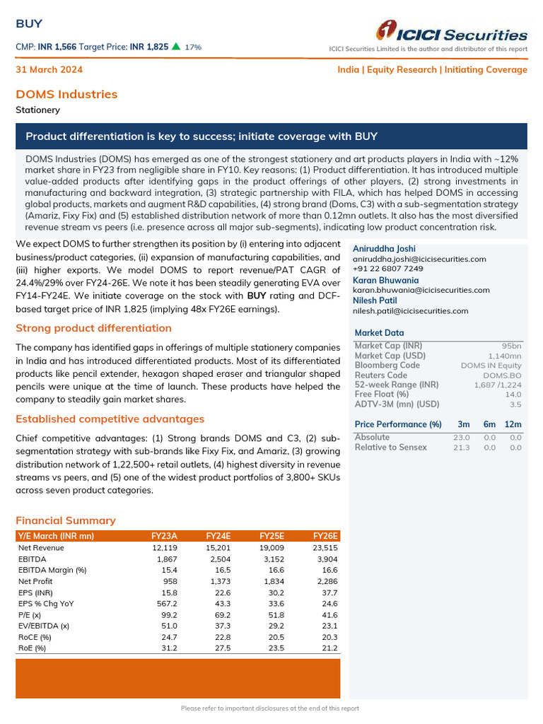 Isec DOMS Initiating Coverage Mar24 | PDF | Pencil | Brand