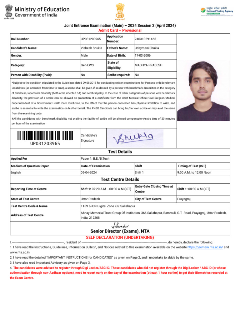 JEE Main 2024 Session 2 Admit Card | PDF | Identity Document