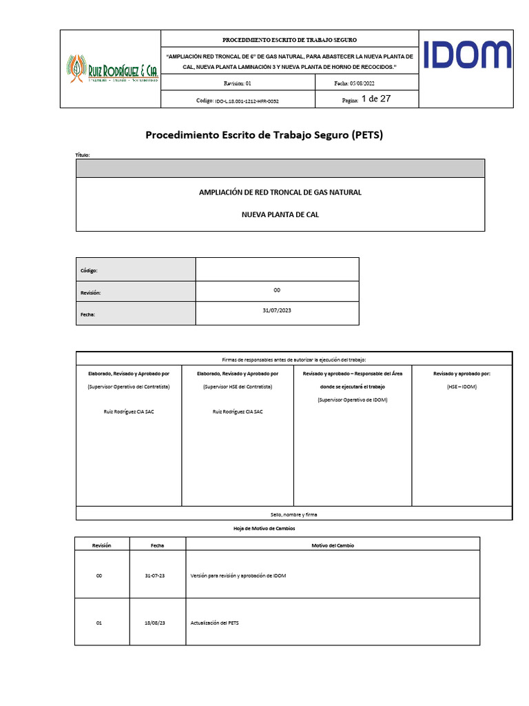 Procedimiento Escrito de Trabajo Seguro NUEVA PLANTA DE CAL-R1 | PDF Procedimiento Escrito de Trabajo Seguro NUEVA PLANTA DE CAL-R1 | PDF