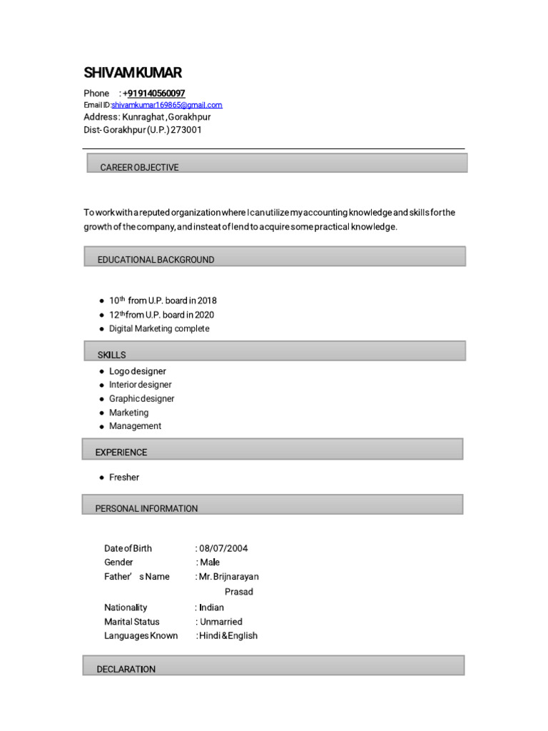 Shivam Kumar Resume. | PDF