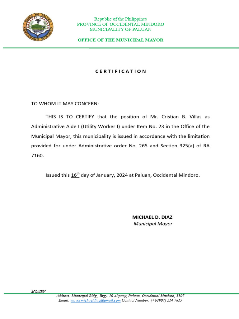 Certification: Office of The Municipal Mayor | PDF | Politics