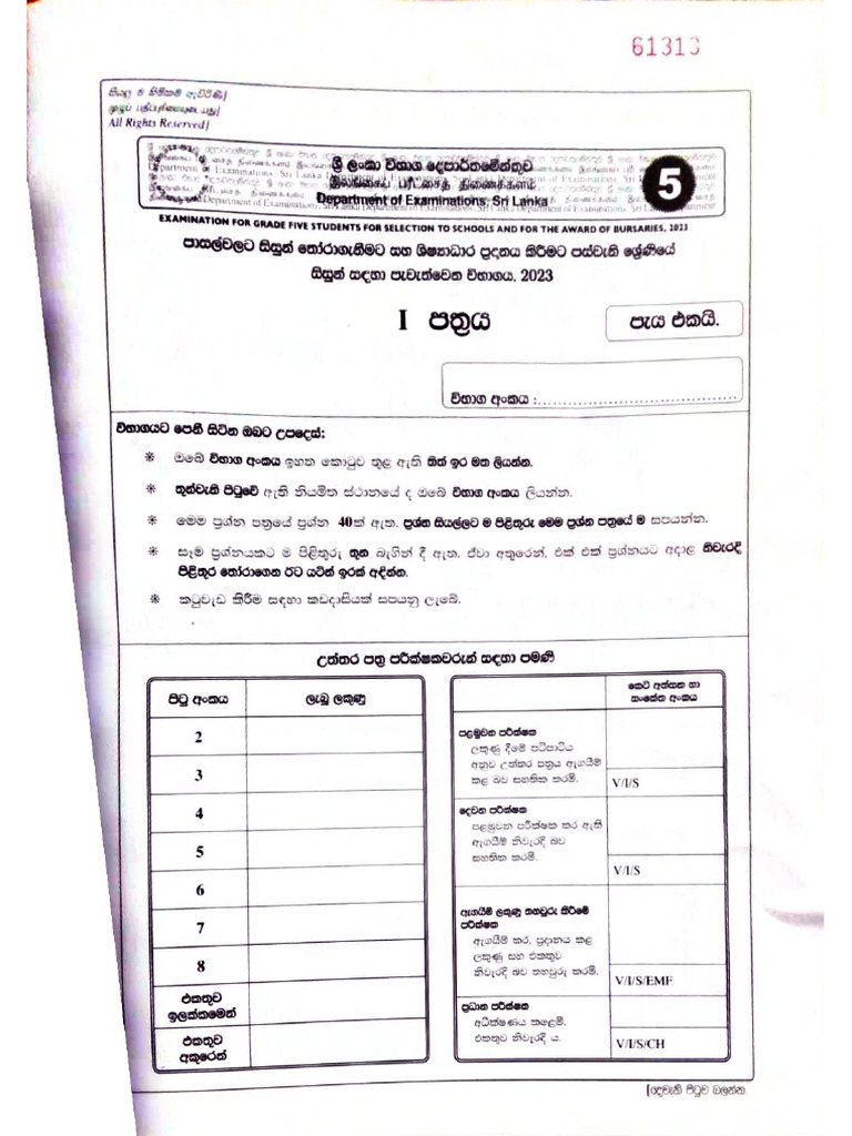 Grade 5 Scholarship Exam Past Paper 2023 - Sinhala Medium | PDF