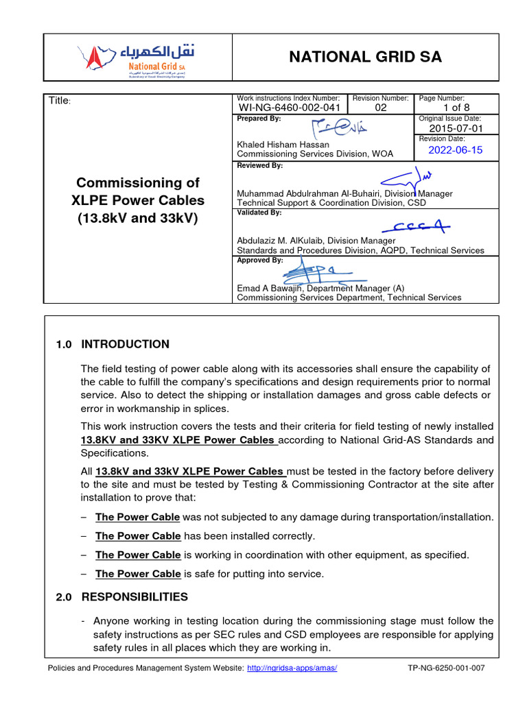 Commissioning of XLPE Power Cables (13.8kV and 33kV) Rev02 | PDF | Insulator (Electricity ...