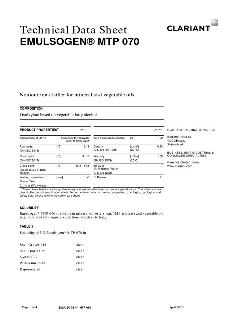 Emulsogen® MTP 070 Technical Data Sheet | PDF | Emulsion | Oil