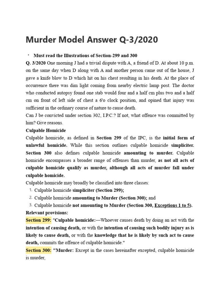 Murder Model Answer Q-32020 | PDF | Manslaughter | Murder