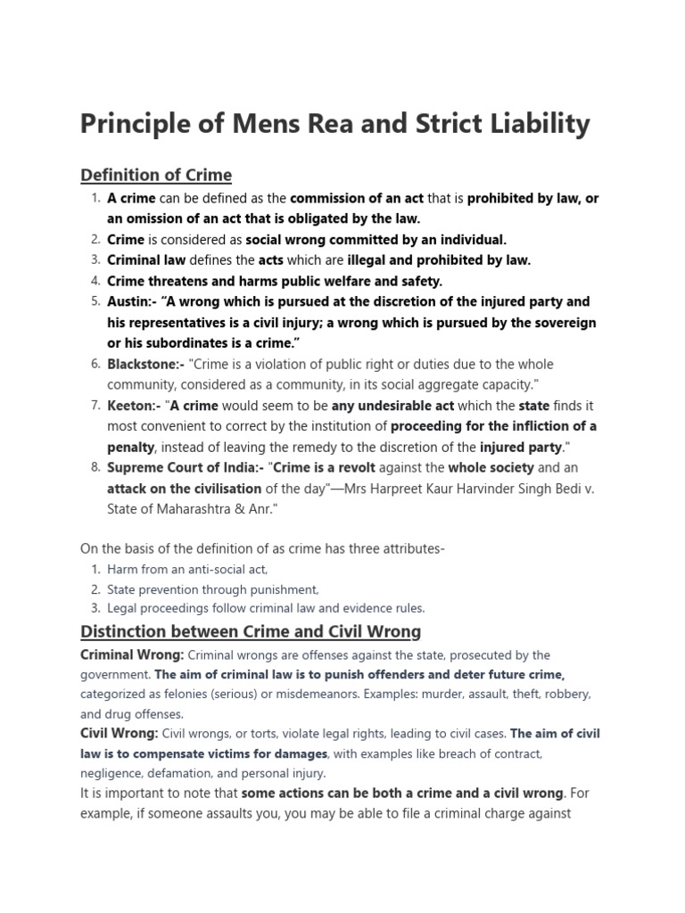 Principle of Mens Rea and Strict Liability | PDF | Mens Rea | Tort