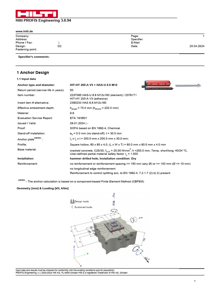 1 Anchor Design: Hilti PROFIS Engineering 3.0.94 | PDF
