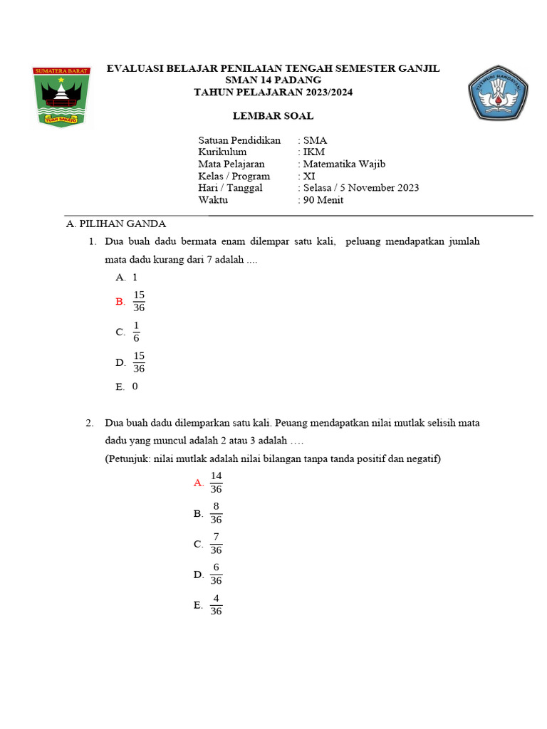 Soal Sem Ganjil Xi Mat Wajib Tp. 23-24 Paket Pakai Kunci | PDF