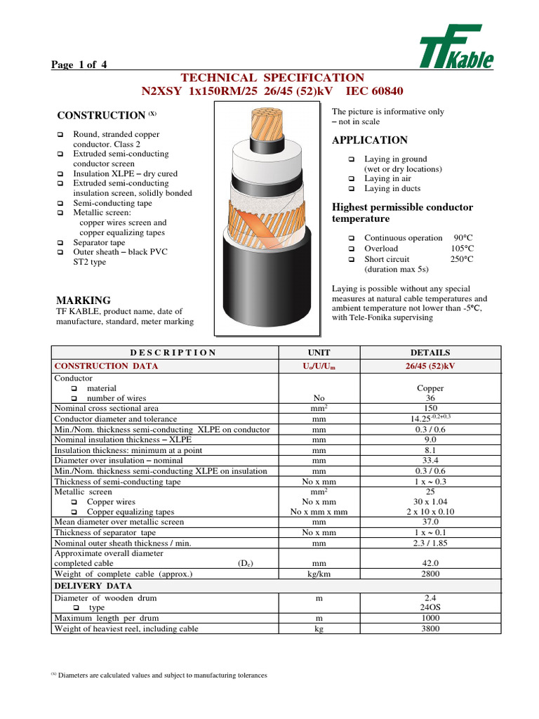 N2XSY 1x 150RM - 25 52kV IEC 60840 | PDF | Electrical Conductor ...