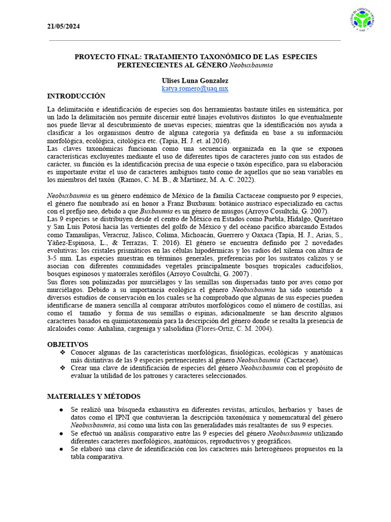 Proyecto Final Tratamiento Taxonómico Del Género Neobuxbaumia - Ulises Luna Gonzalez | PDF ...