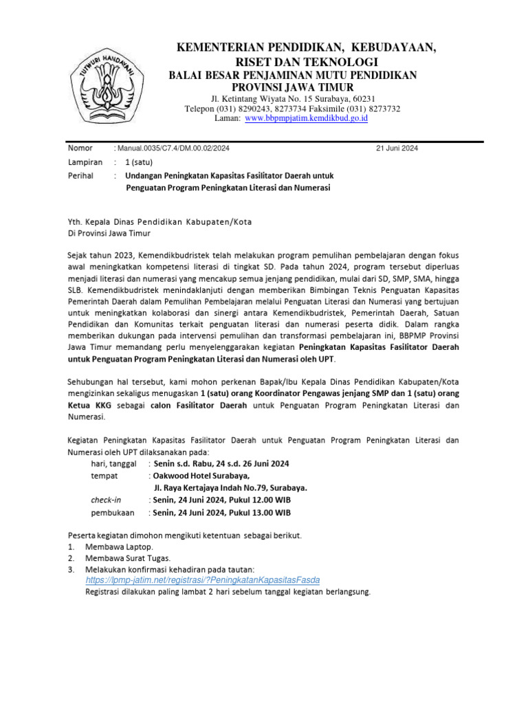 Surat Peningkatan Kapasitas Fasilitator Daearah Penguatan Litnum R2 | PDF