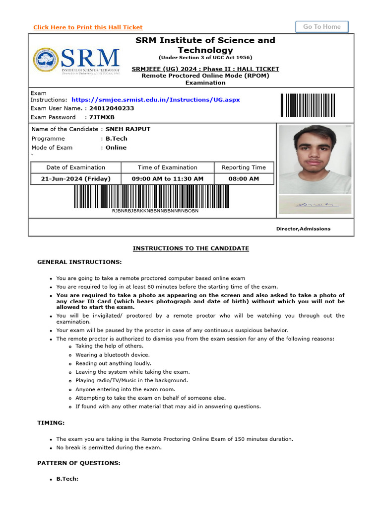 SRM 2024 Admitcard | PDF