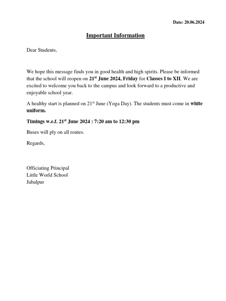 School Reopening Notice: June 2024 | PDF