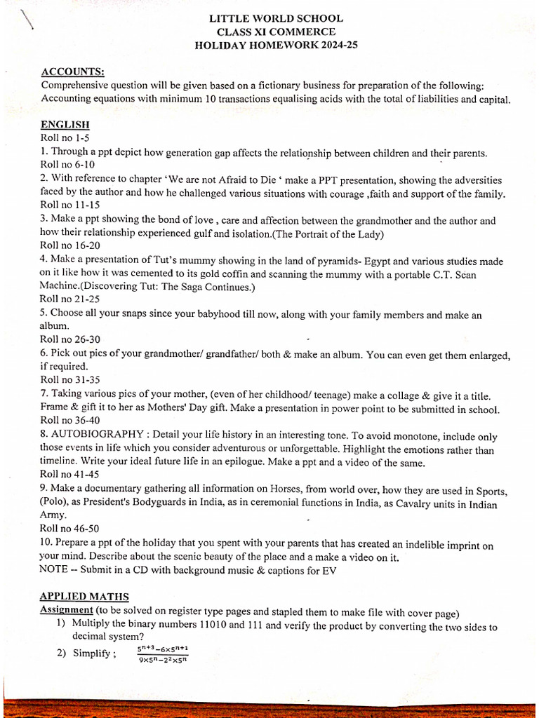 Holiday Homework Class XI COM | PDF