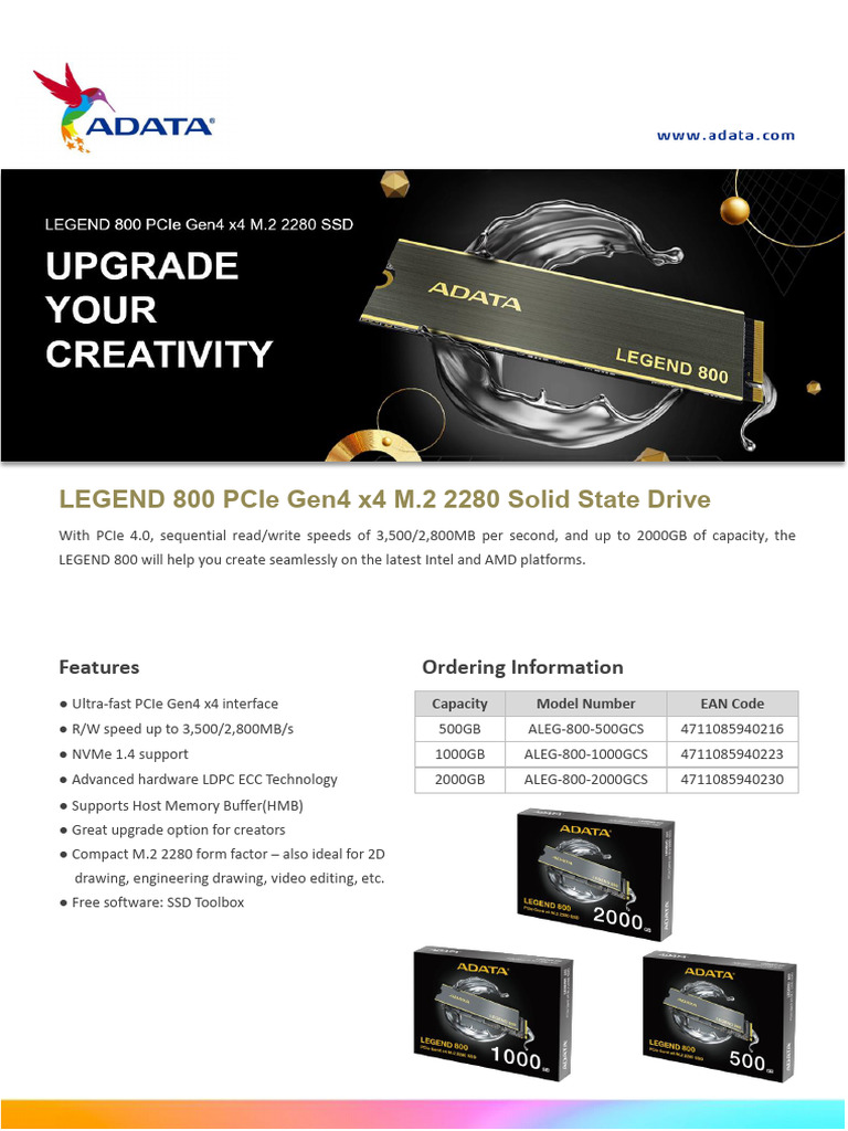 Datasheet Legend 800 Pcie Gen4 x4 m2 2280 SSD 20240531 | PDF | Solid State Drive | Computing