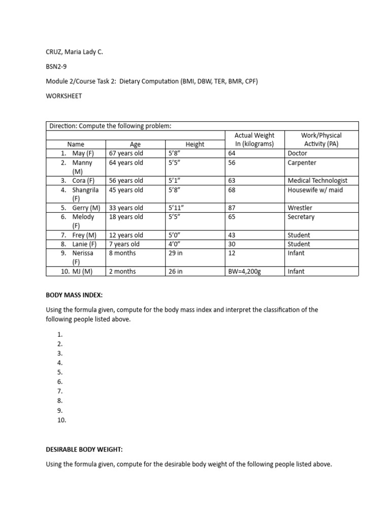 Course Task 2 Dietary Computation BMI DBW TER BMR CPF | PDF | Body Mass Index | Human Body Weight