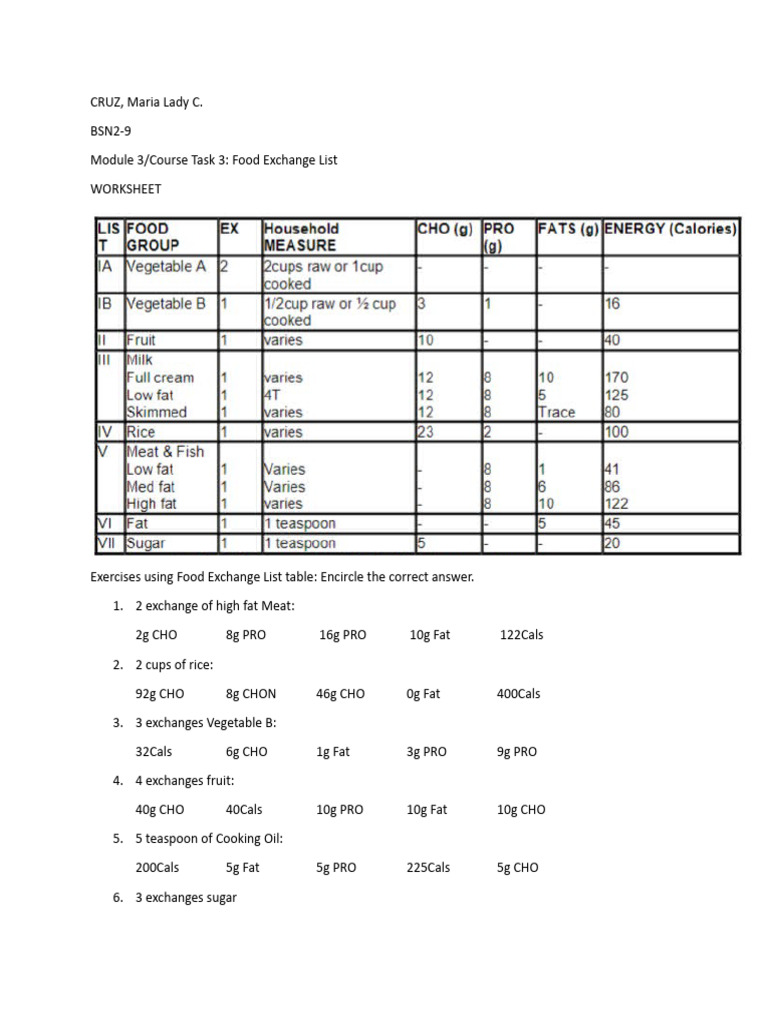 Course Task 3 Food Exchange List | PDF | Fat | Cooking